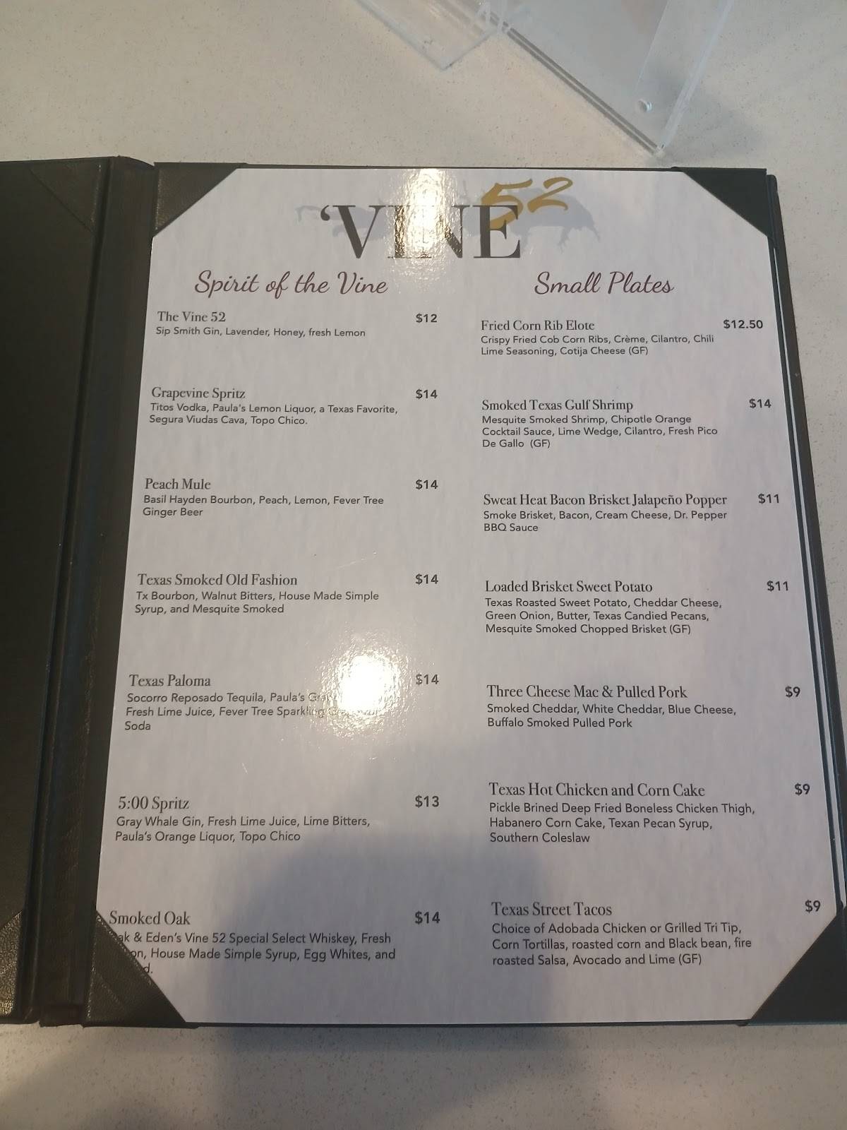 Menu at Vine 52 restaurant, Grapevine