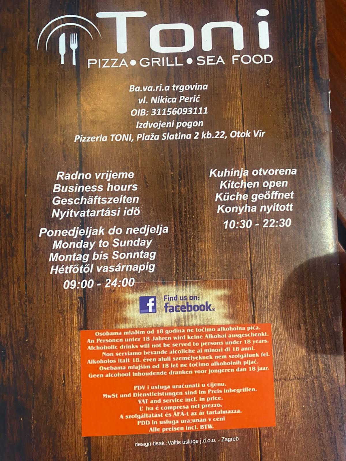 Menu da Restaurant & Pizzeria Toni, Vir
