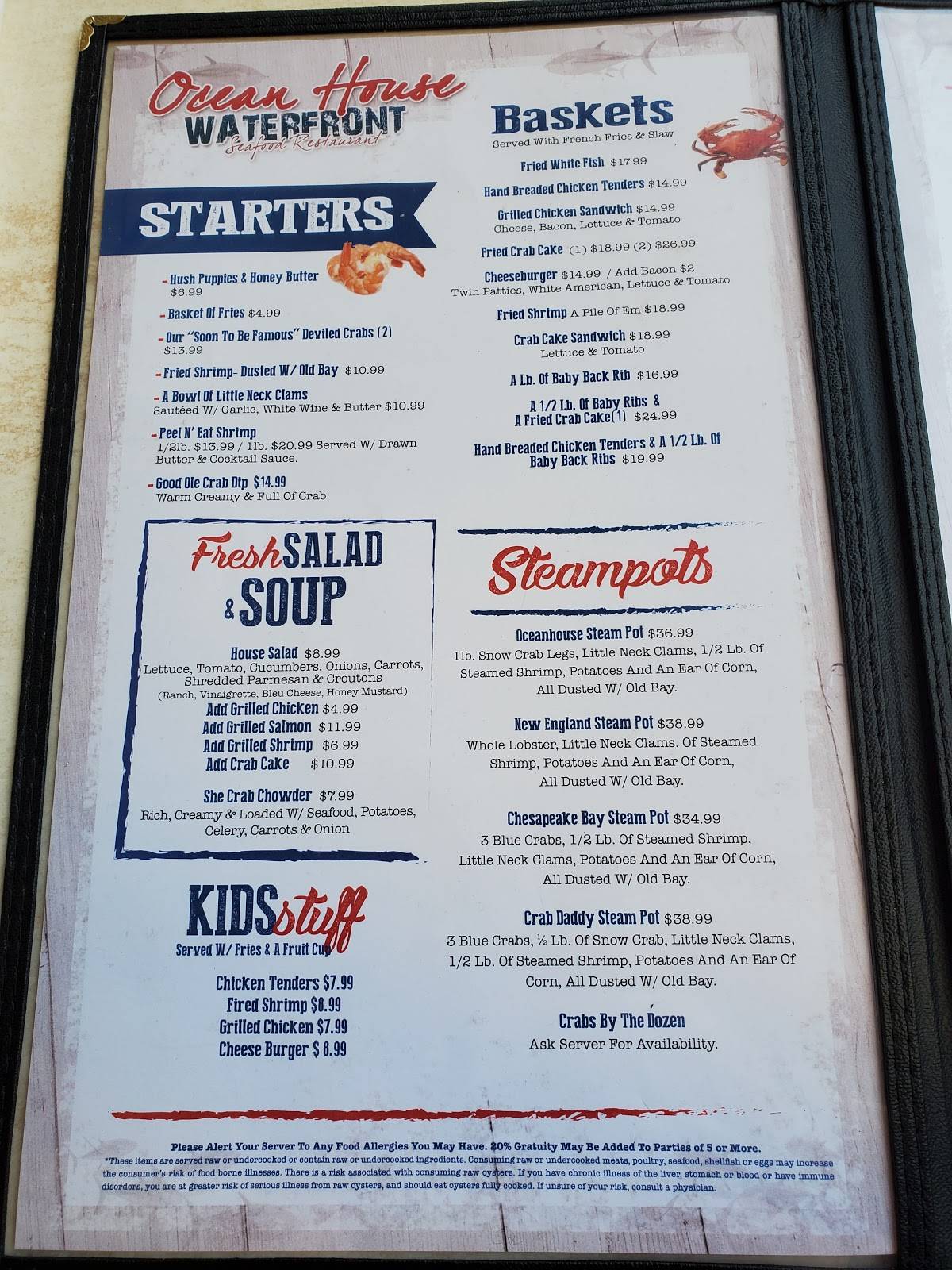 Menu at Ocean House Waterfront Seafood restaurant, Virginia Beach