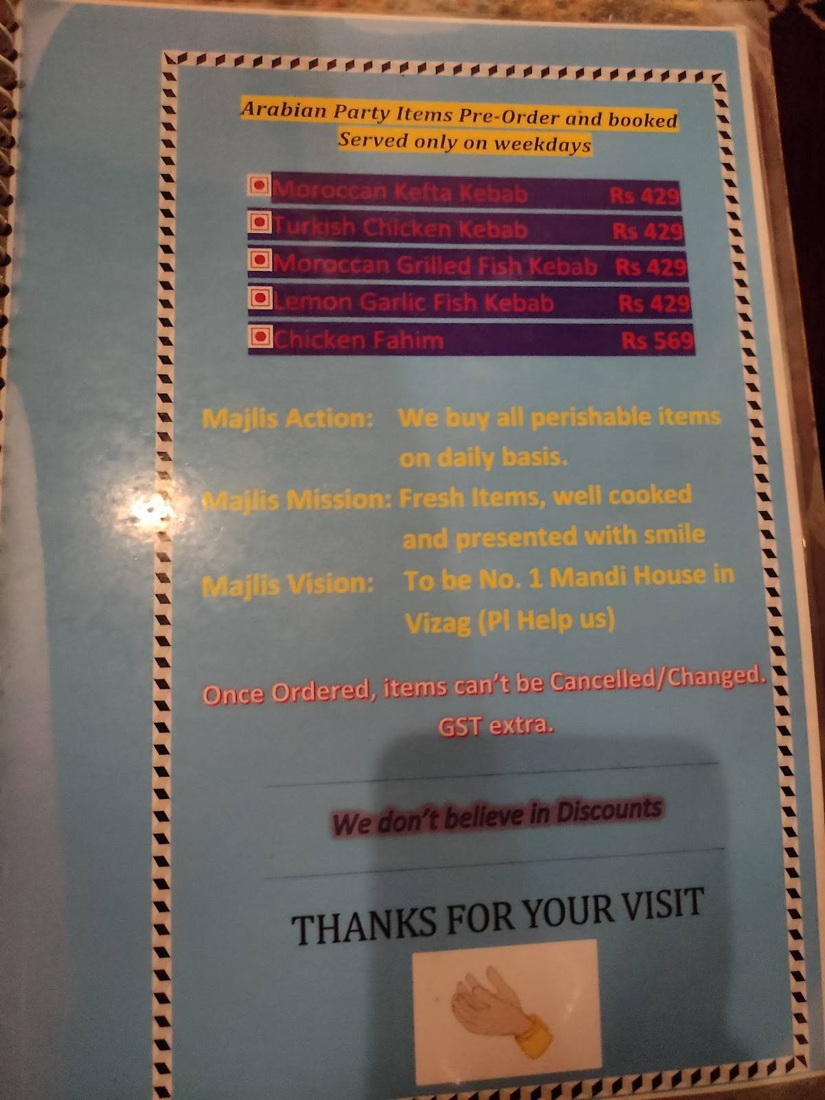 Menu at Majlis Darbar Arabian Cuisine Visakhapatnam, Visakhapatnam