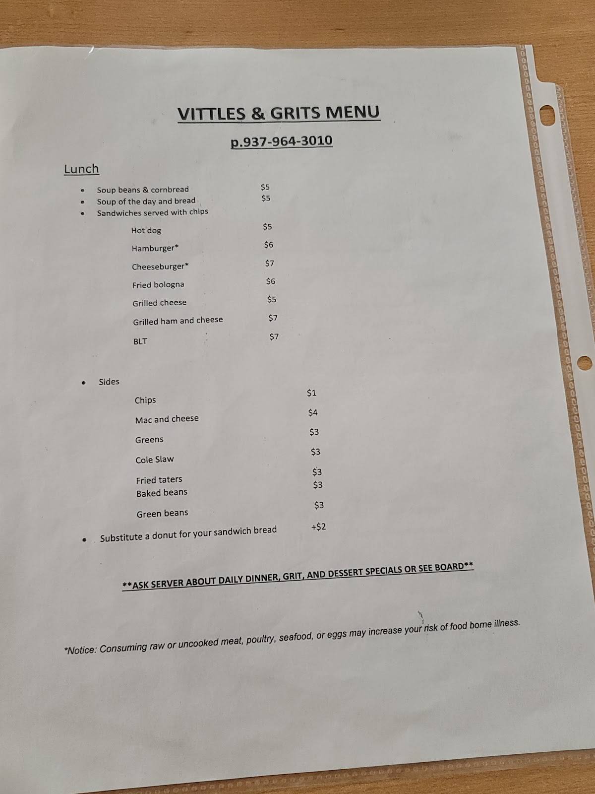 Menu at Vittles & Grits restaurant, Springfield