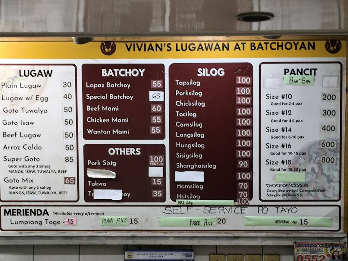 Menu at Vivian’s Lugawan at Batchoyan restaurant, Pasig