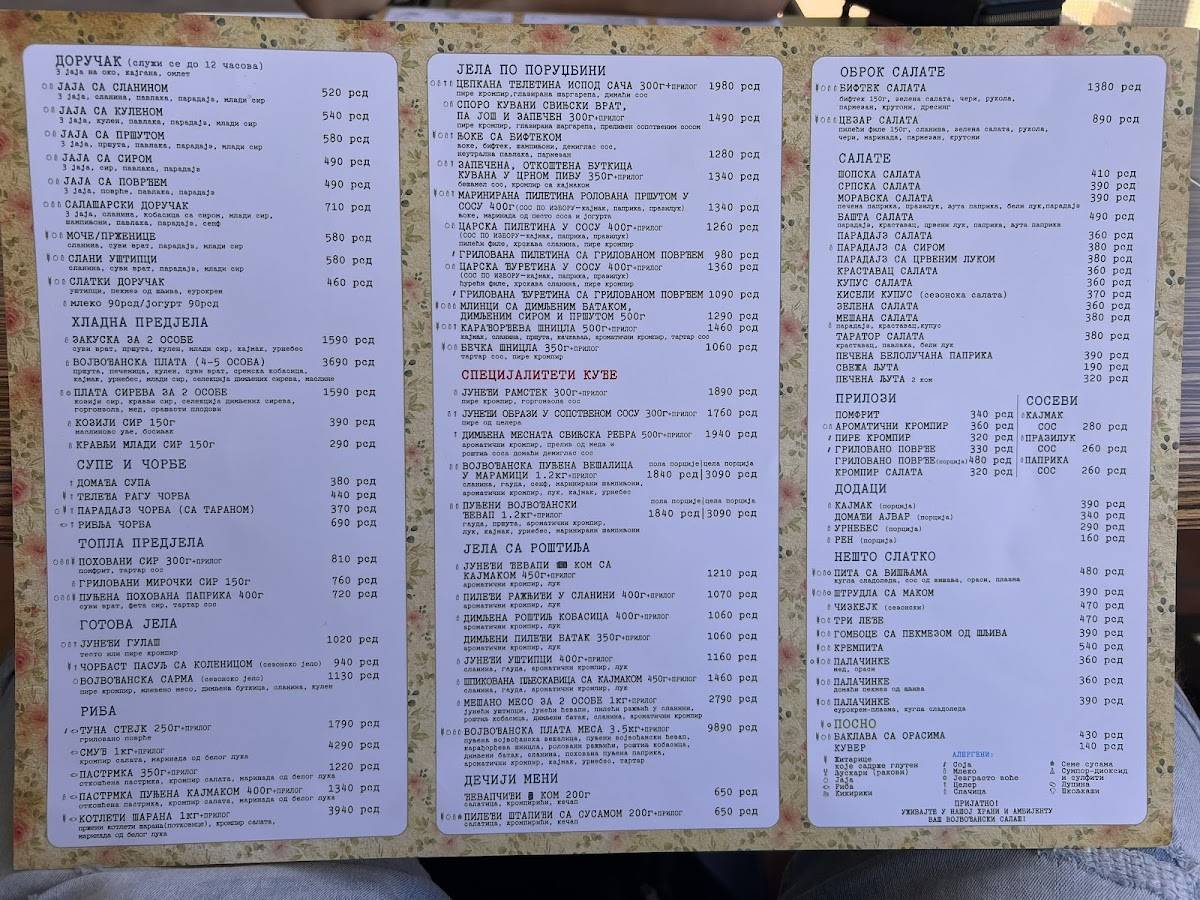 Menu at Vojvođanski salaš restaurant, Novi Sad