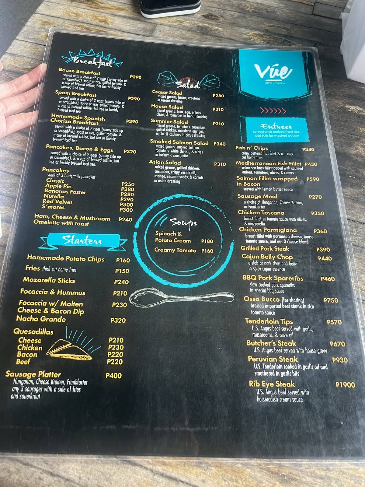 Menu at Vúe restaurant, Cebu City, 9VHF+35X