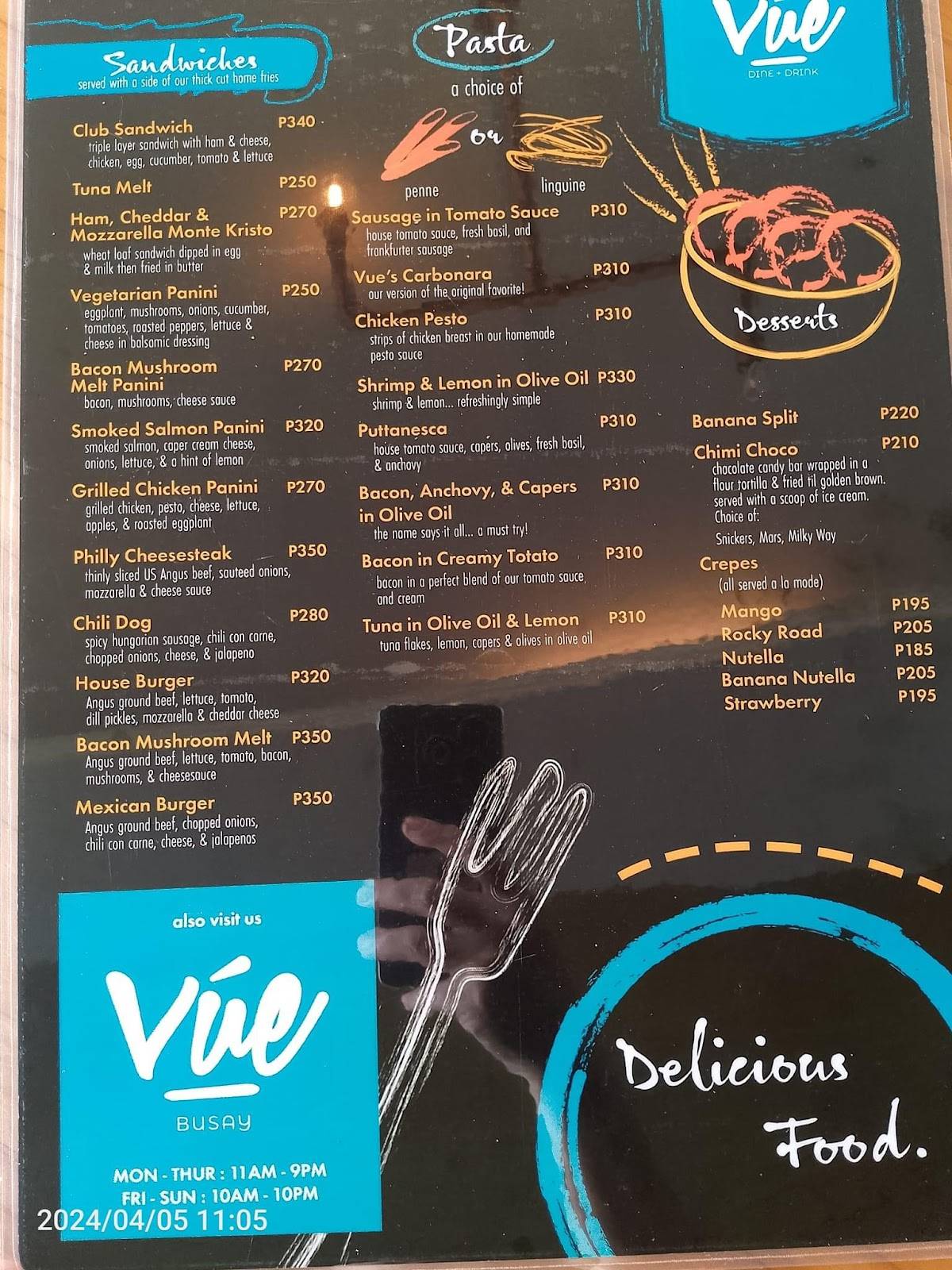 Menu at Vúe restaurant, Cebu City, 9VHF+35X
