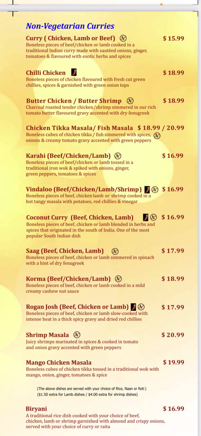 Menu au WOW Indian Kitchen restaurant, Waterloo