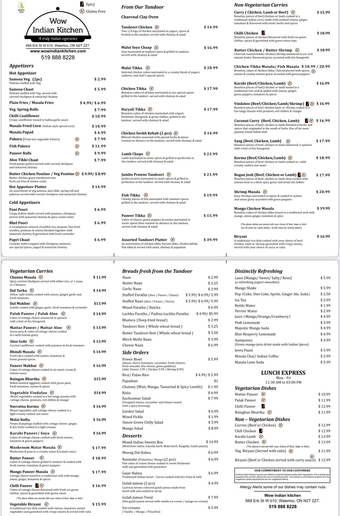 Menu au WOW Indian Kitchen restaurant, Waterloo