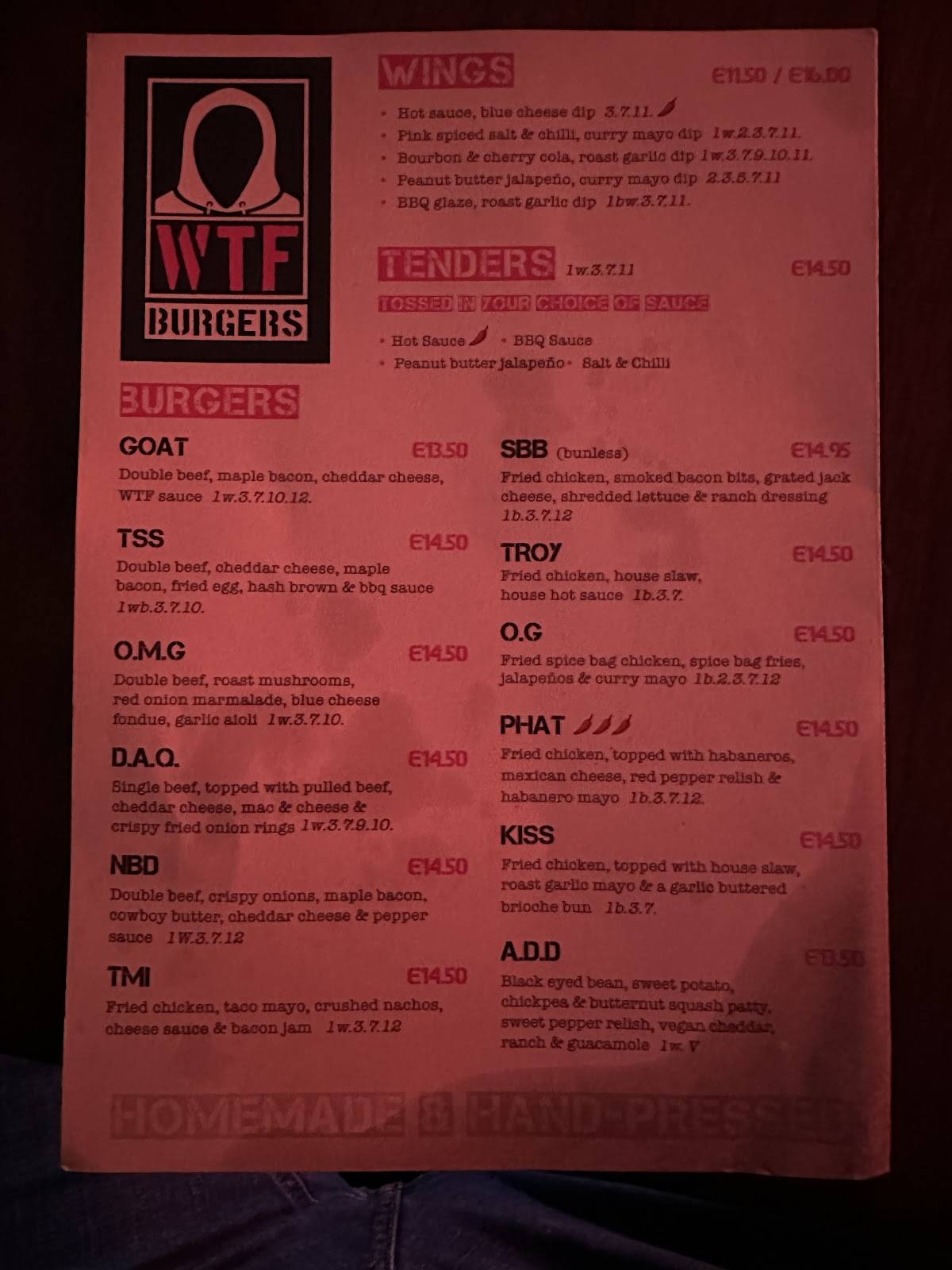 Menu at WTF Burgers restaurant, Ratoath