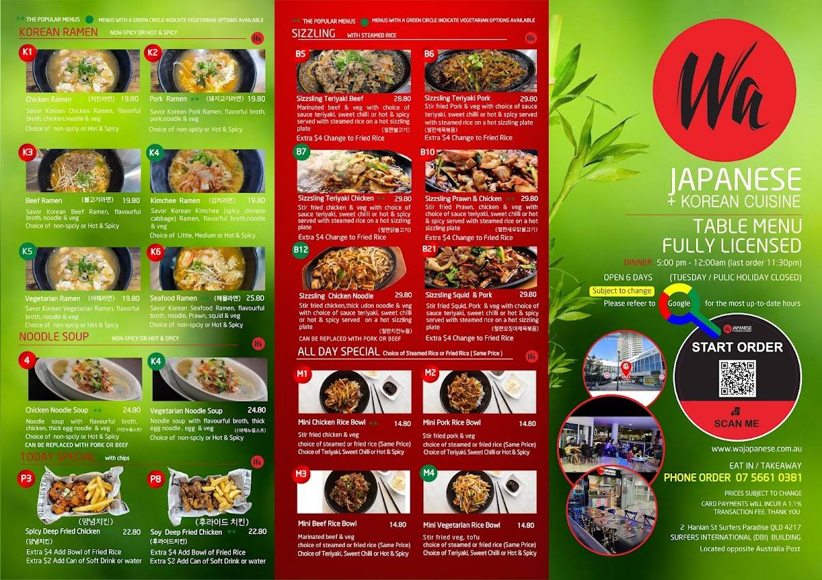 Menu at Wa Japanese & Korean Restaurant, Surfers Paradise