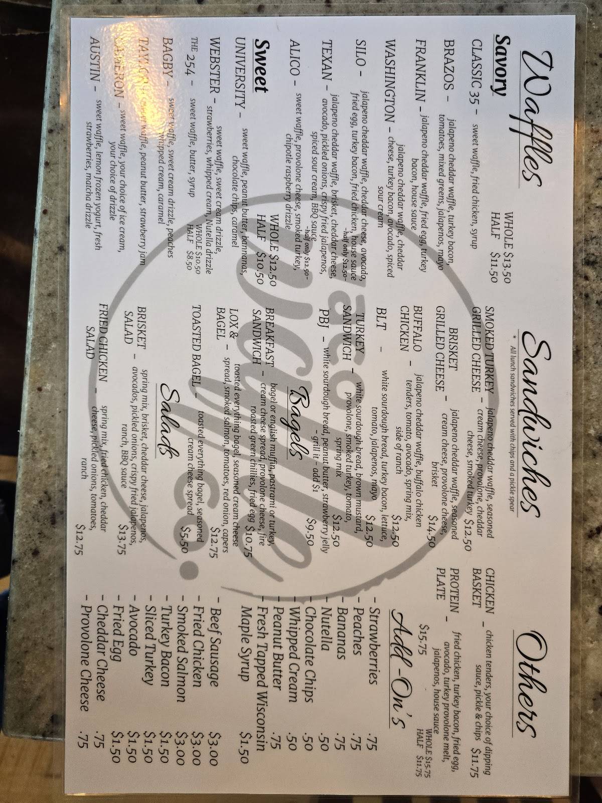Menu at Waco Waffle Co restaurant, Waco
