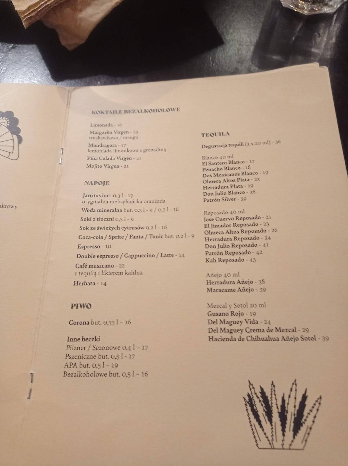 Carta del restaurante El Popo, Varsovia