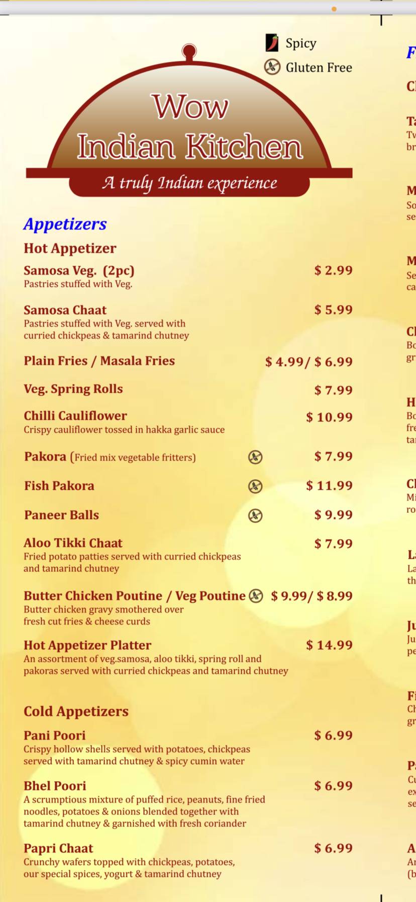 Menu au WOW Indian Kitchen restaurant, Waterloo