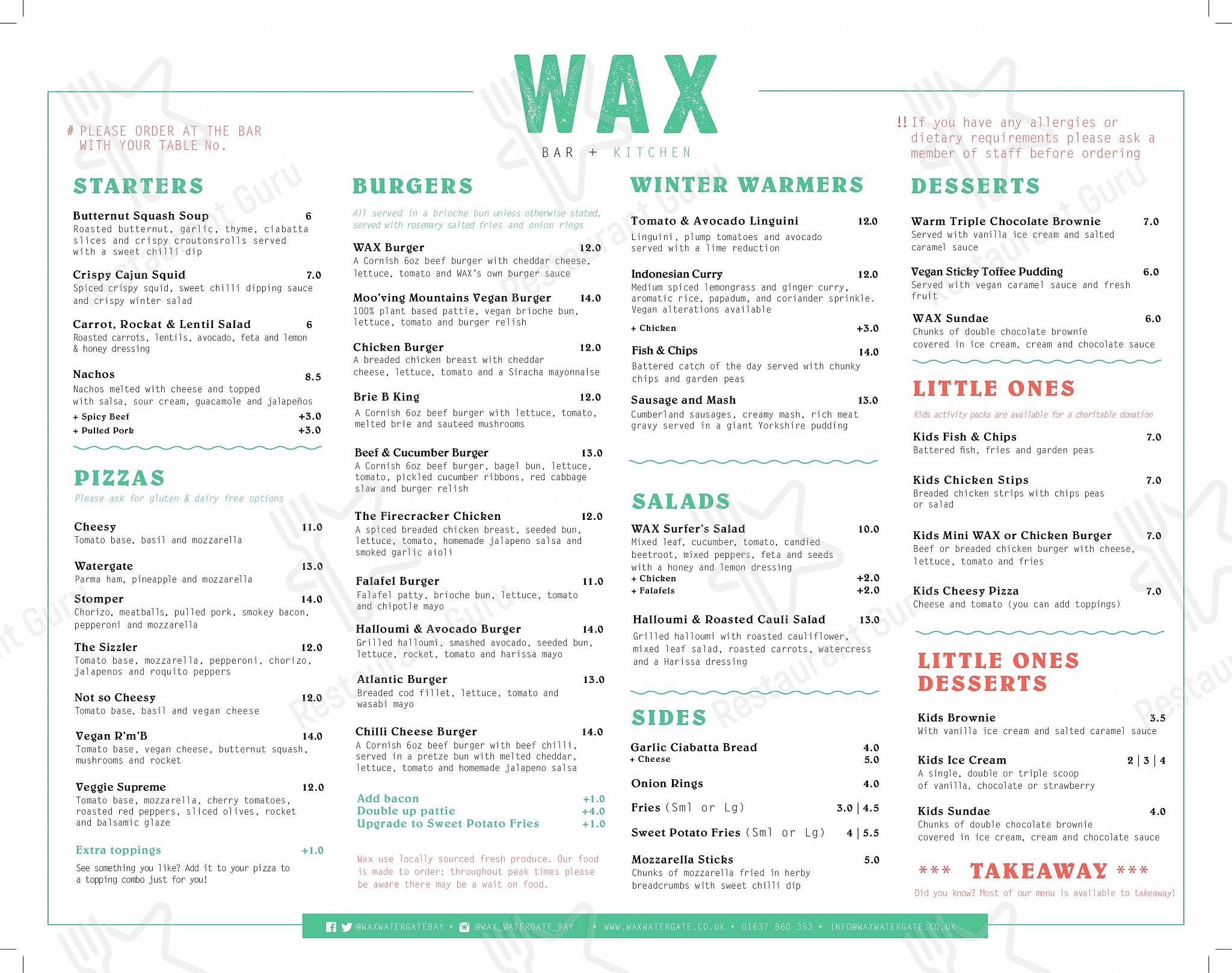 Menu at WAX Watergate Bay restaurant, Newquay, Watergate Bay