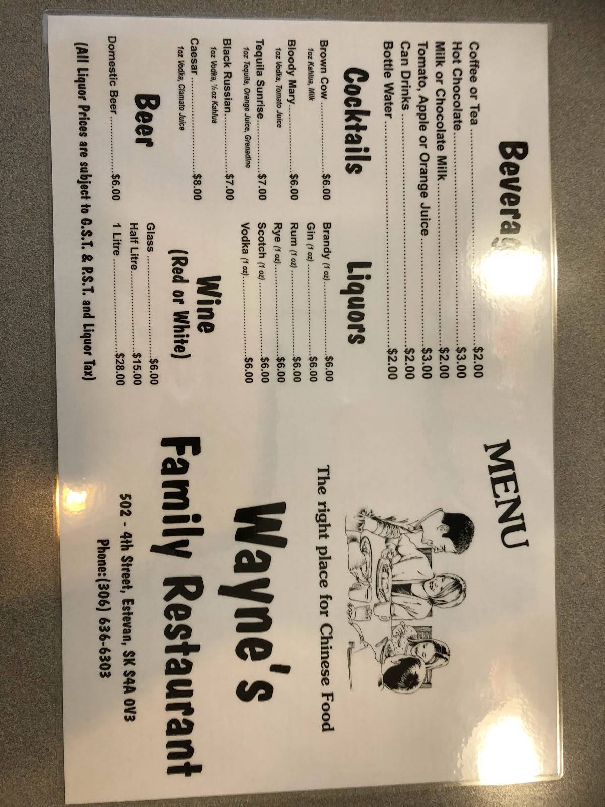 Menu at Wayne's Family Restaurant, Estevan