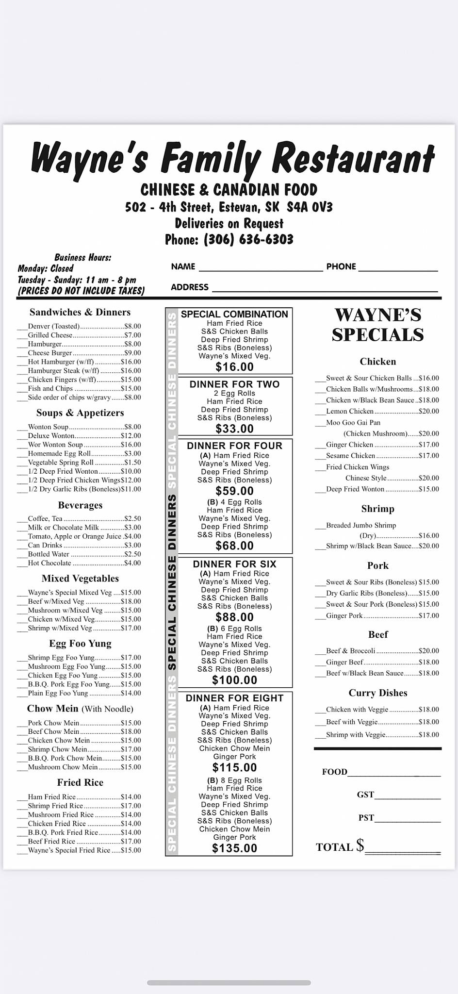 Menu at Wayne's Family Restaurant, Estevan