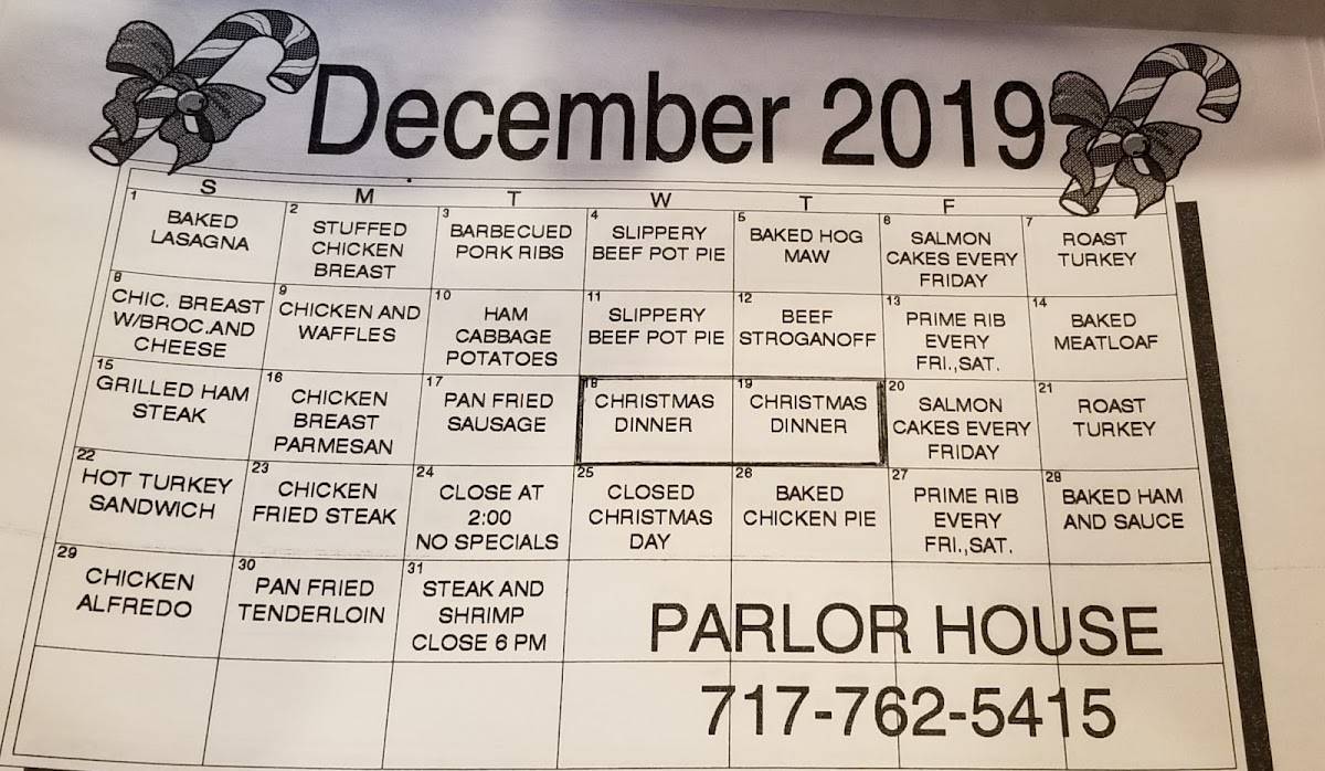 Menu at Parlor House restaurant, Waynesboro
