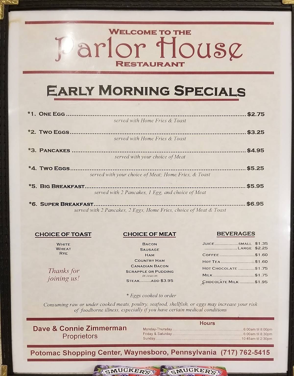 Menu at Parlor House restaurant, Waynesboro