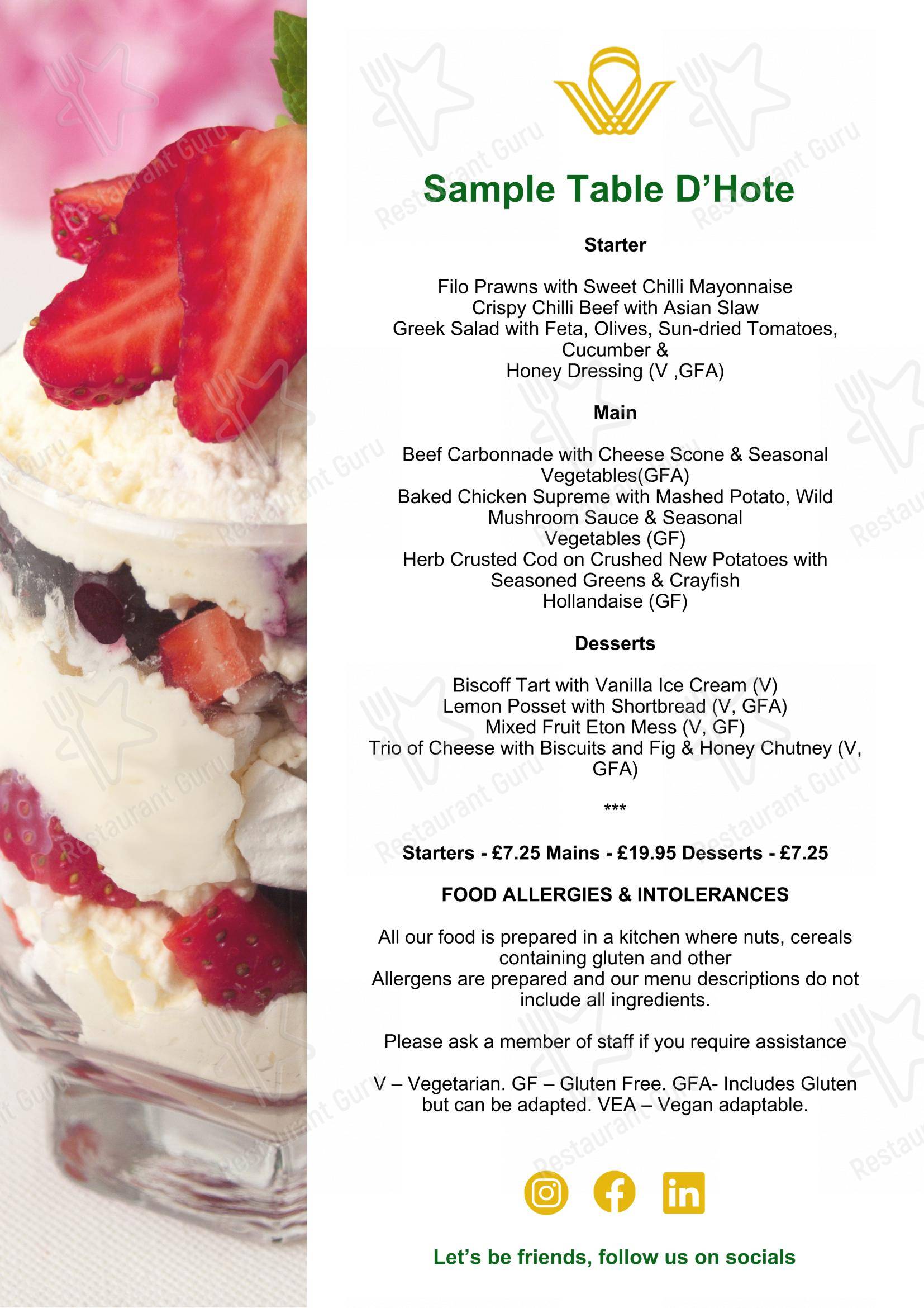 Menu at Wensum Valley Hotel, Golf and Country Club, Norwich
