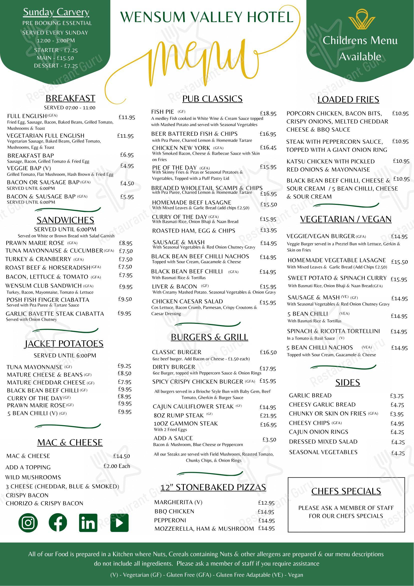Menu at Wensum Valley Hotel, Golf and Country Club, Norwich