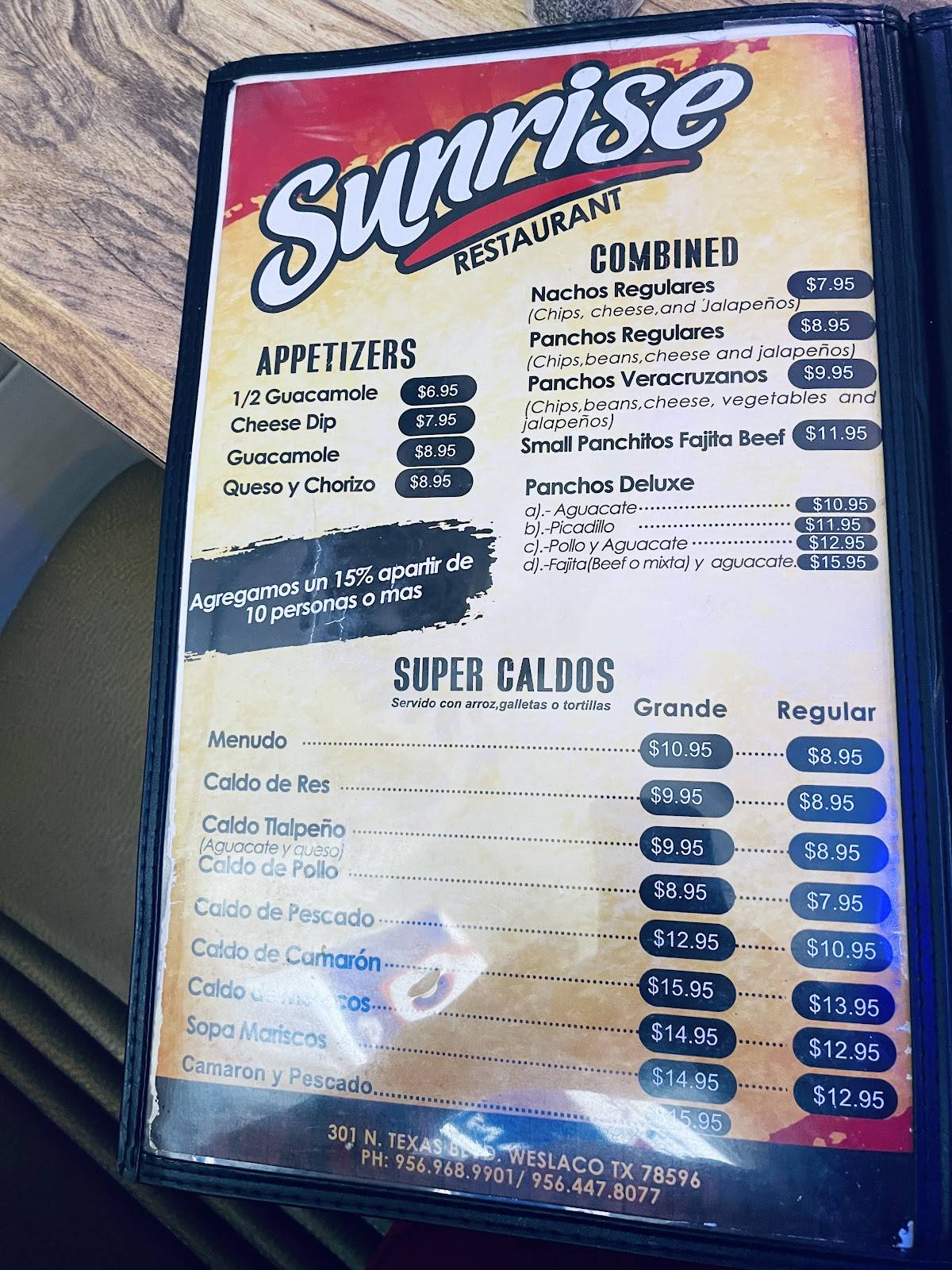 Menu at Sunrise Restaurant, Weslaco