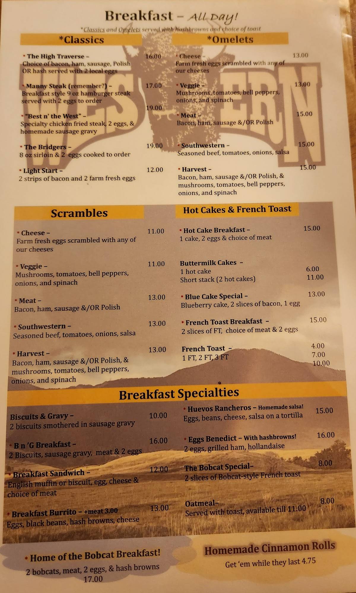 Menu at Western Café restaurant, Bozeman