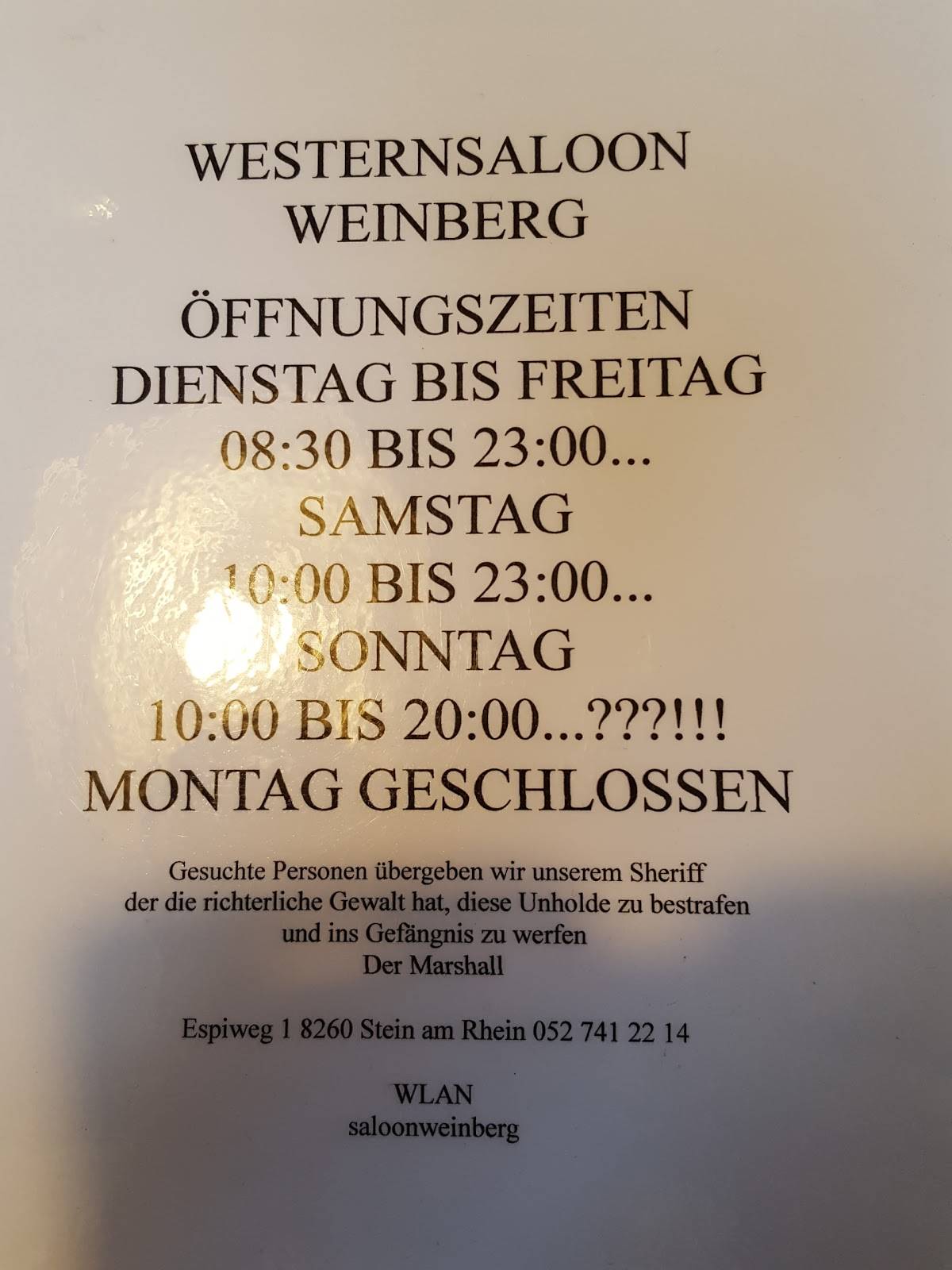 Speisekarte von Western Saloon Weinberg, Stein am Rhein, Espiweg 1