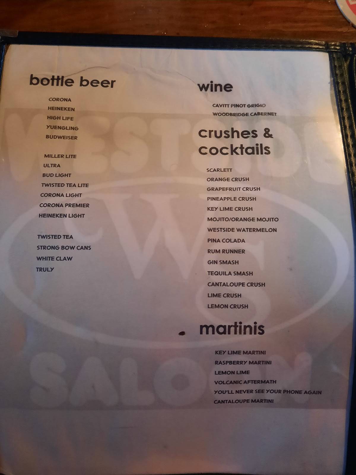 Menu at Westside Saloon pub & bar, West Wildwood