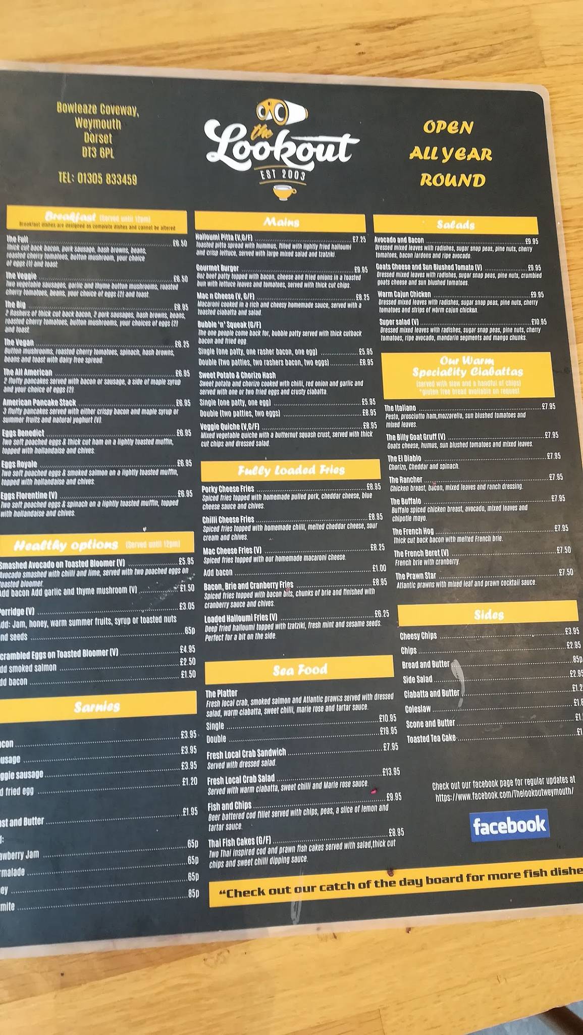 Menu at Lookout Cafe, Weymouth