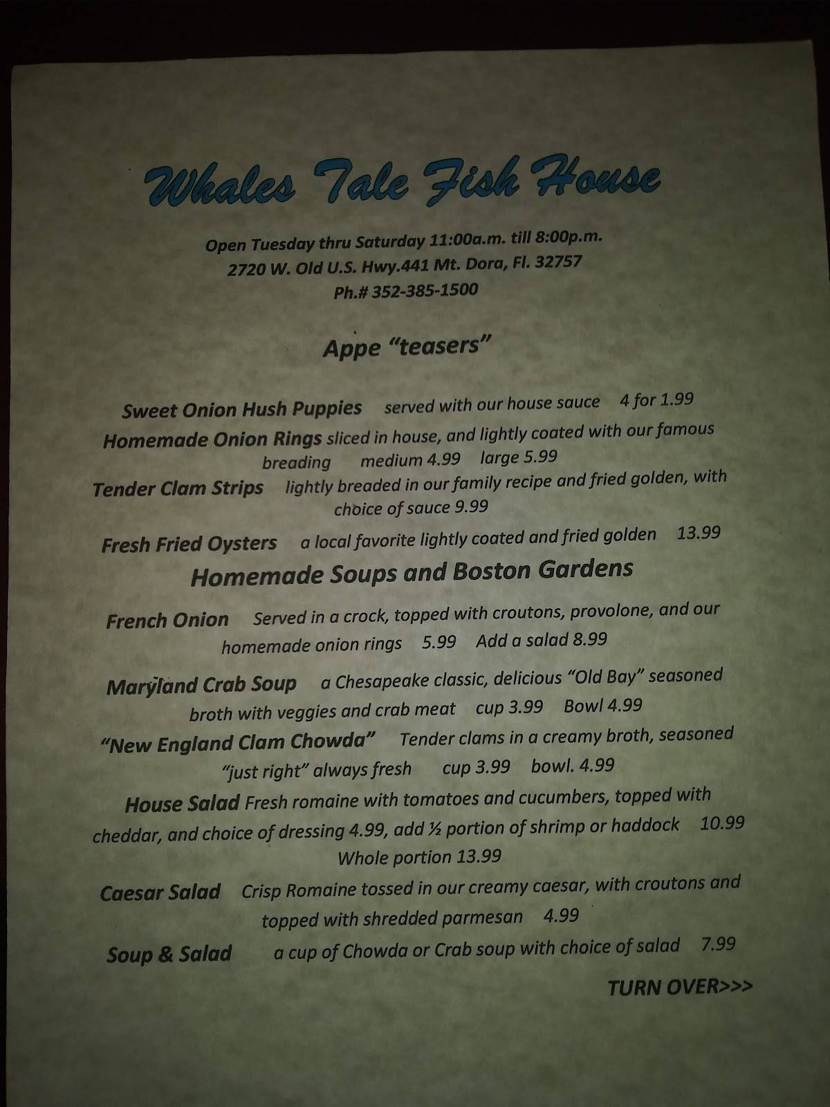 Menu at Whale's Tale Fish House restaurant, Mount Dora