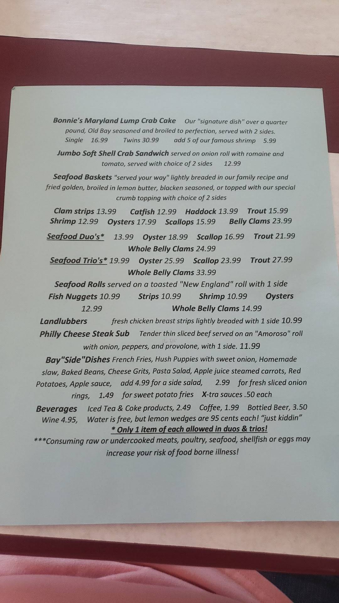 Menu at Whale's Tale Fish House restaurant, Mount Dora