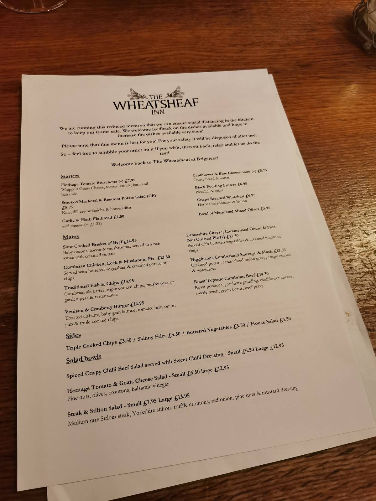 Menu at Wheatsheaf Inn, Brigsteer pub & bar, Kendal, Brigsteer Brow
