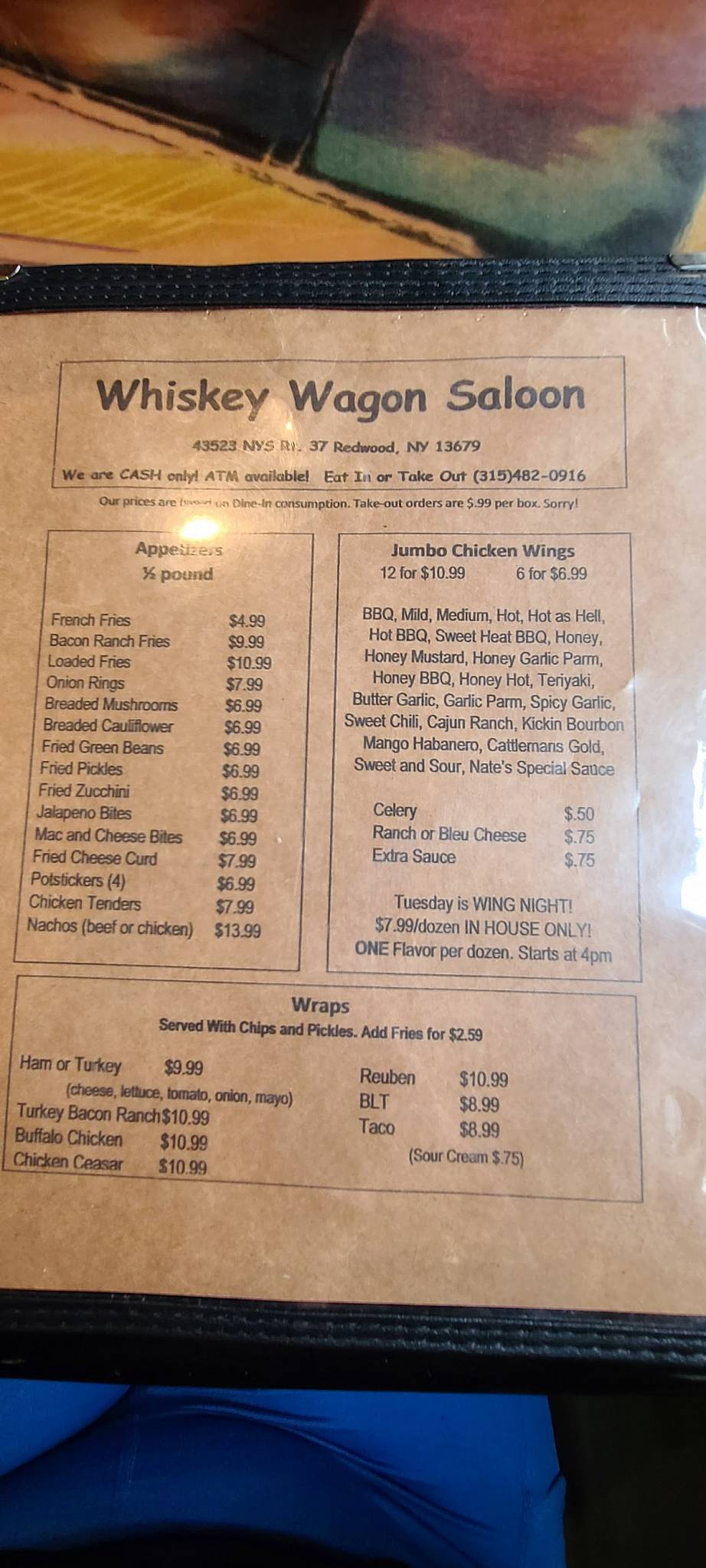 Menu at Whiskey Wagon Saloon pub & bar, Redwood