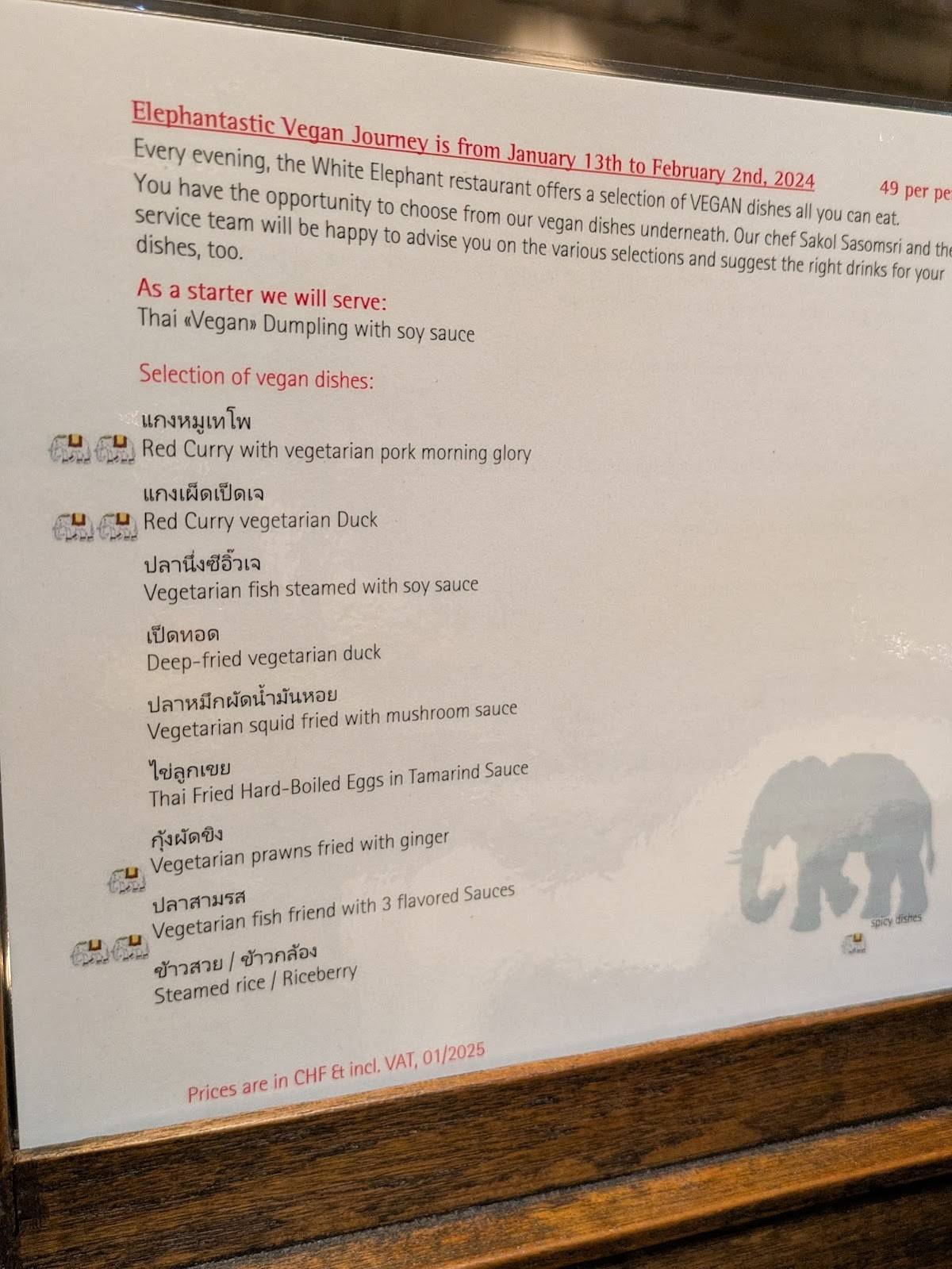 Menu at White Elephant Restaurant, Zürich, Neumühlequai 42