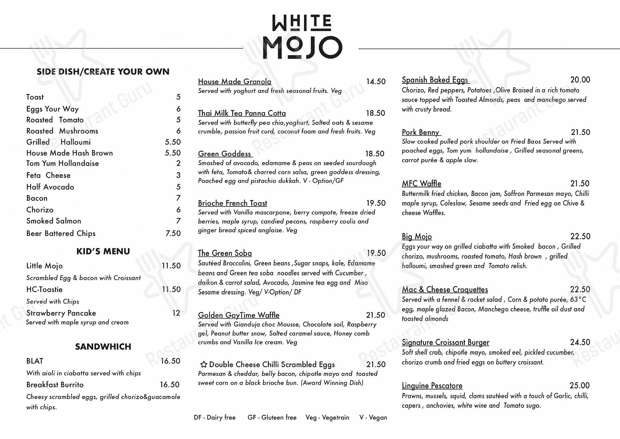 Menu at White Mojo cafe, Ringwood