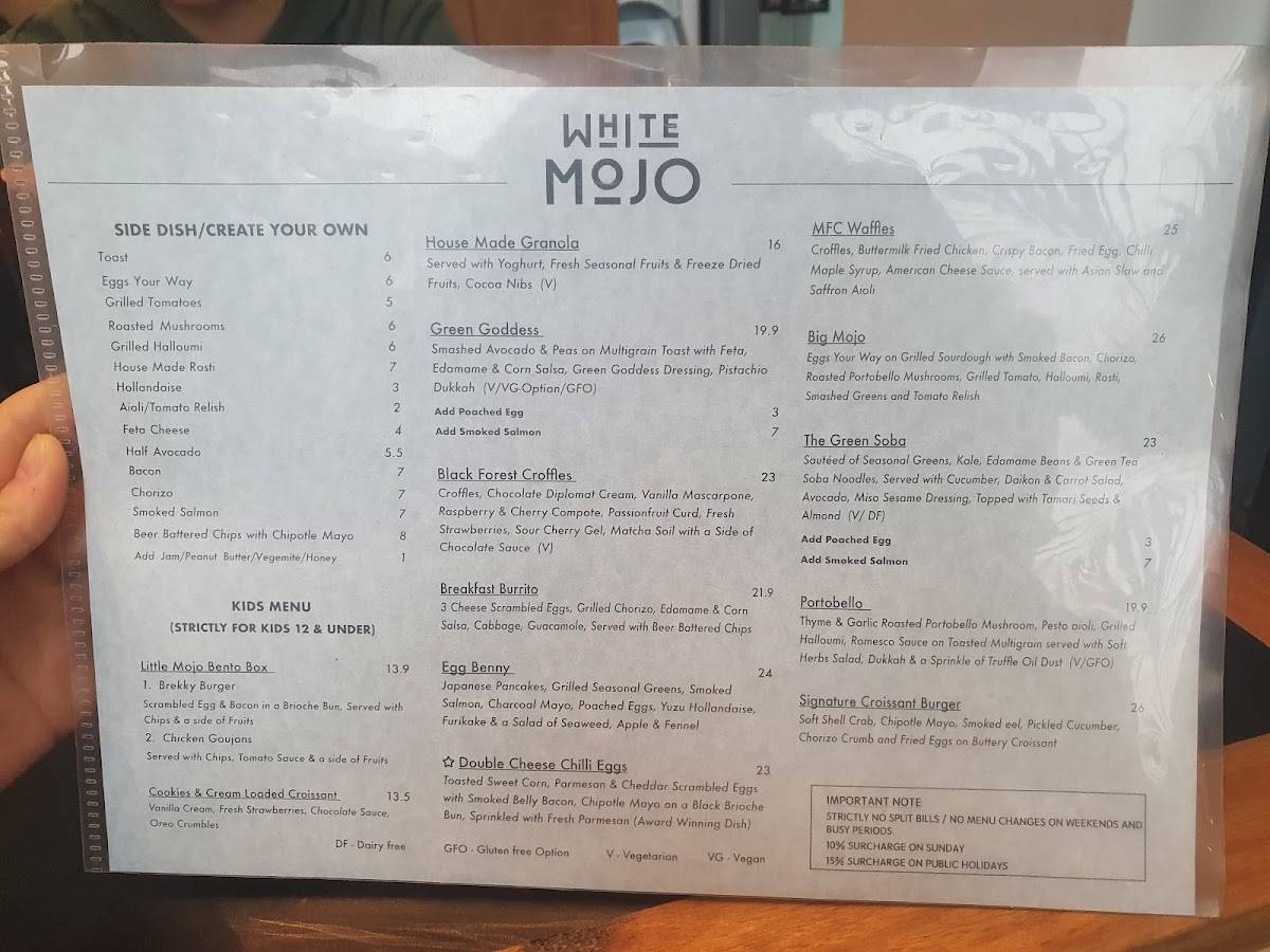 Menu at White Mojo cafe, Ringwood