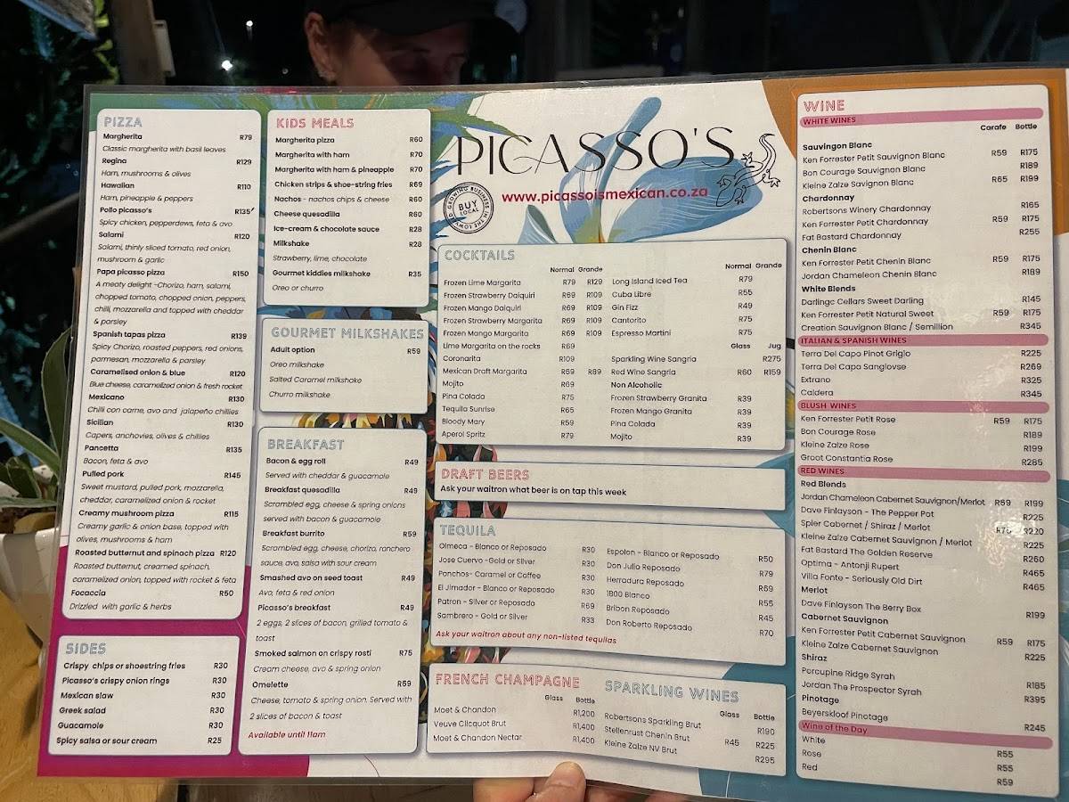 Menu at Picasso's Mexican Taqueria restaurant, White River