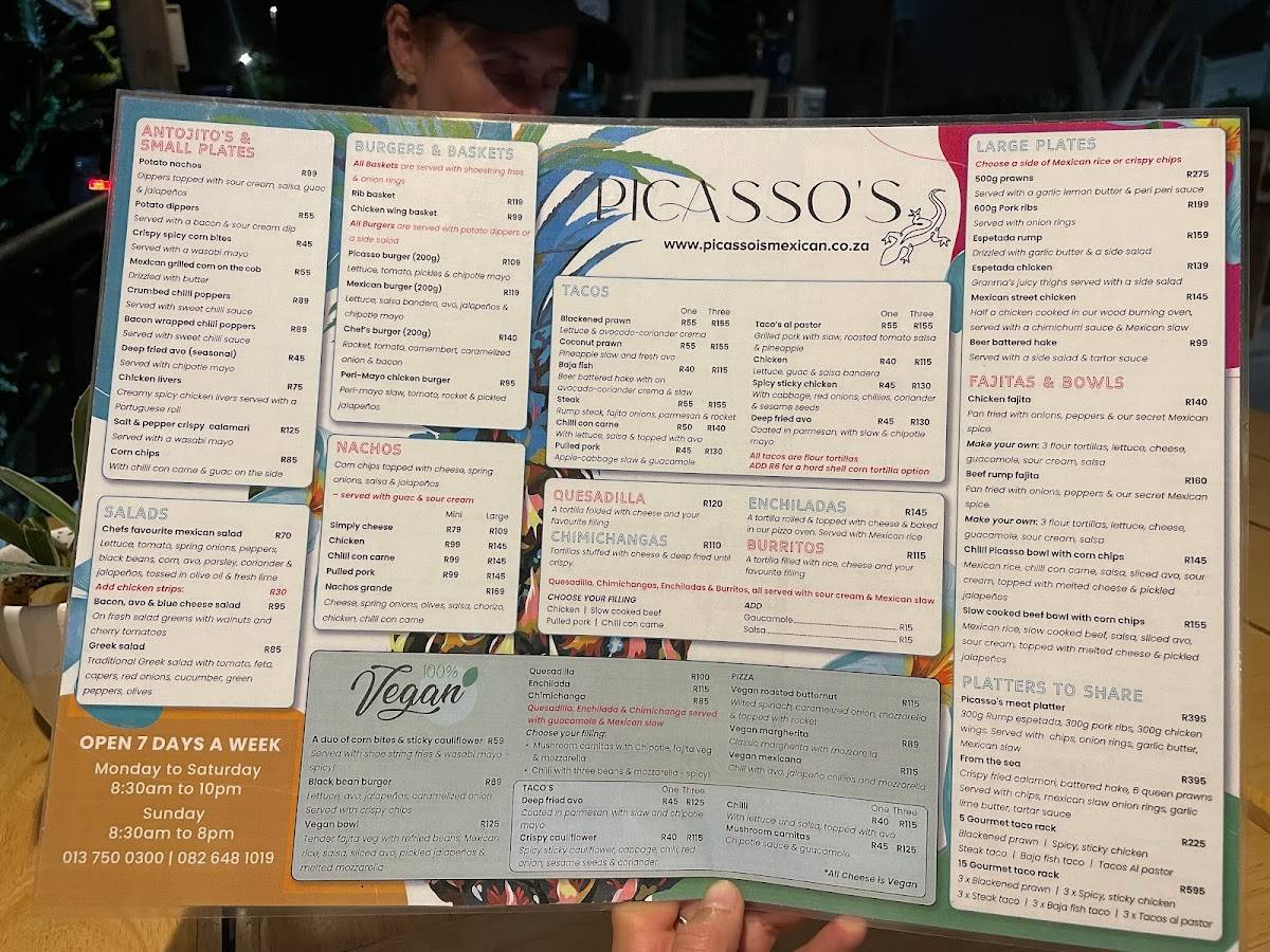 Menu at Picasso's Mexican Taqueria restaurant, White River