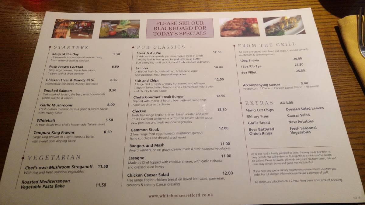 Menu at Whitehouses restaurant, Retford
