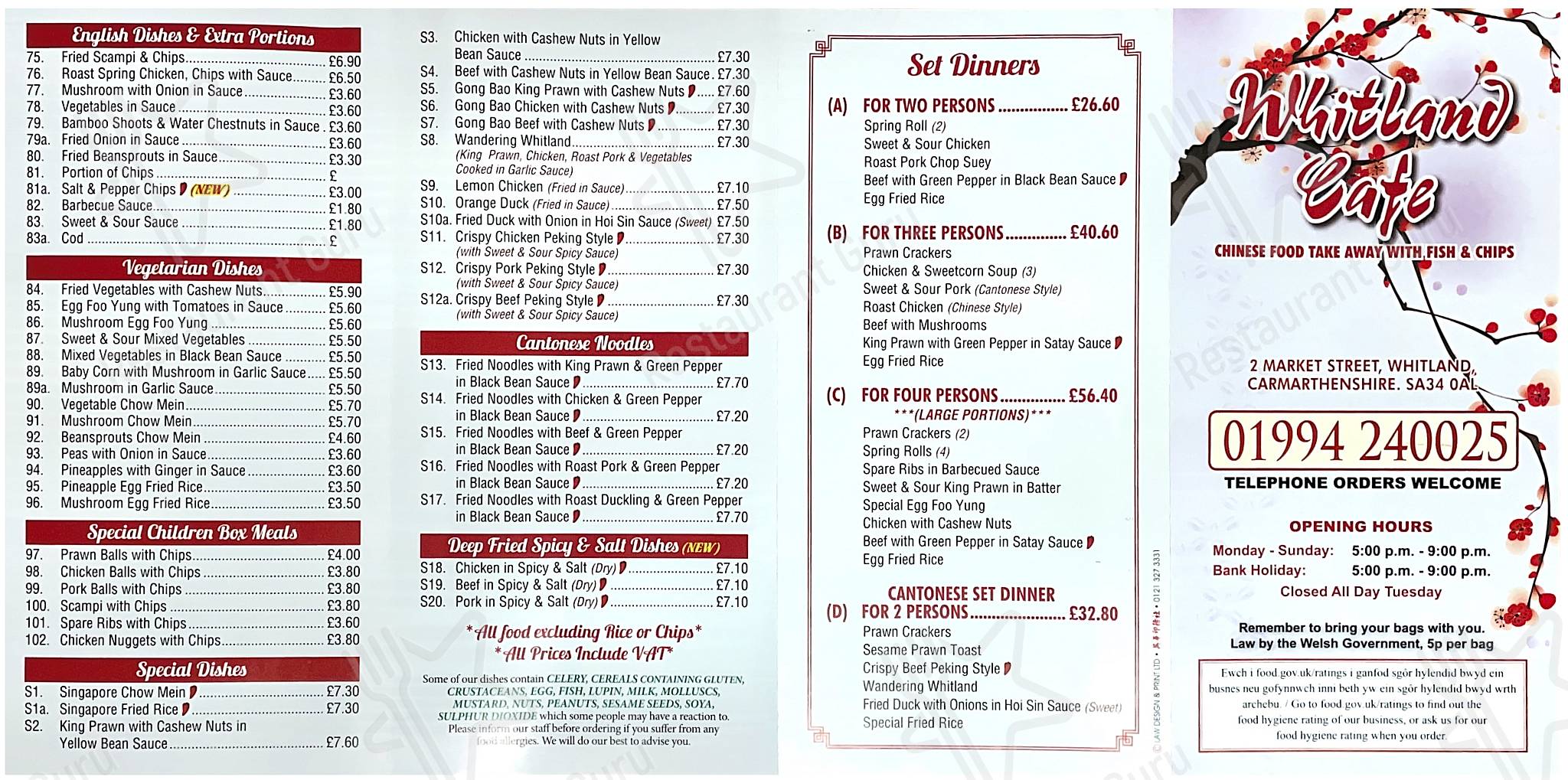 Menu at Whitland Chinese Takeaway fast food, Whitland