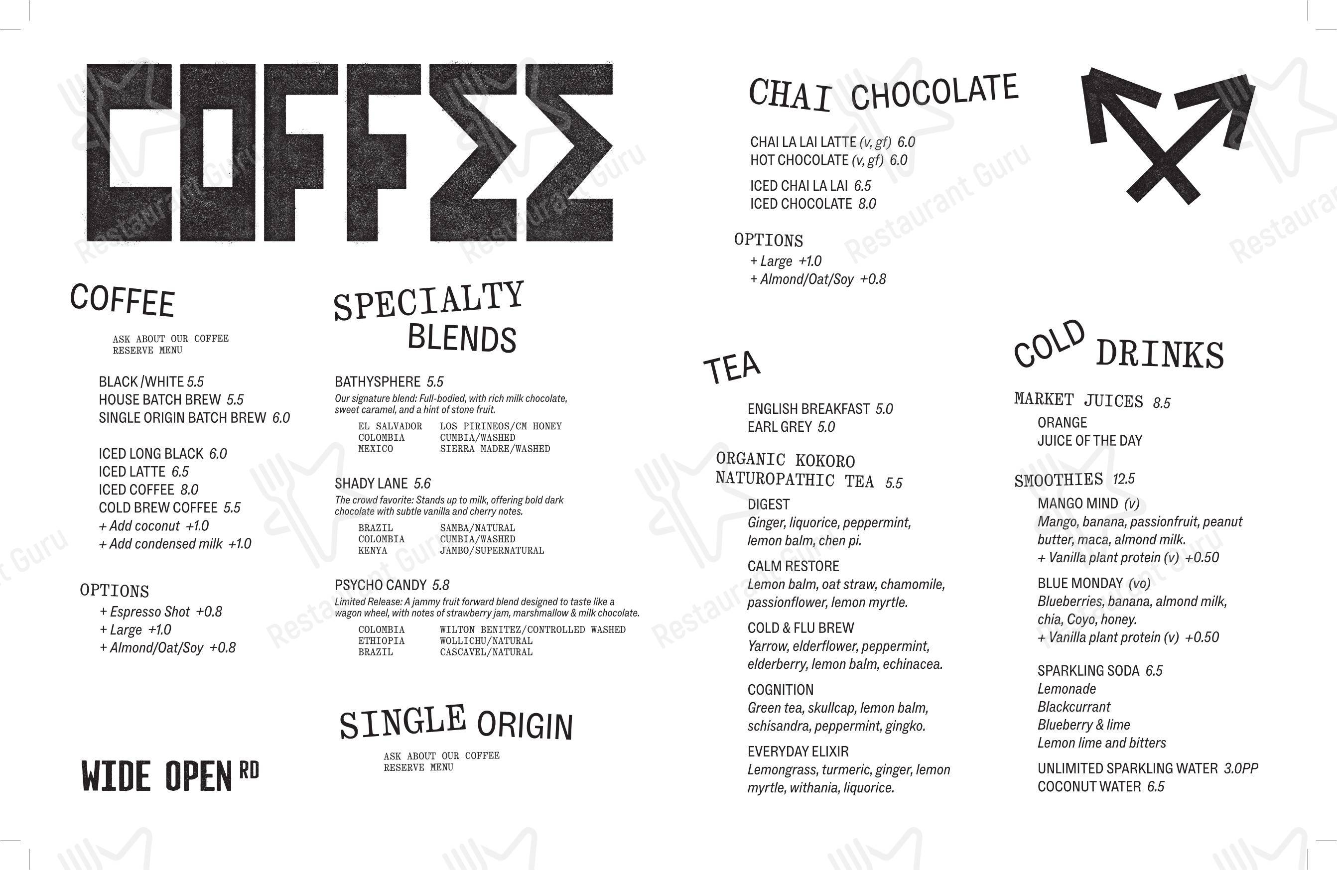 Menu at Wide Open Road Coffee Roasters cafe, Brunswick