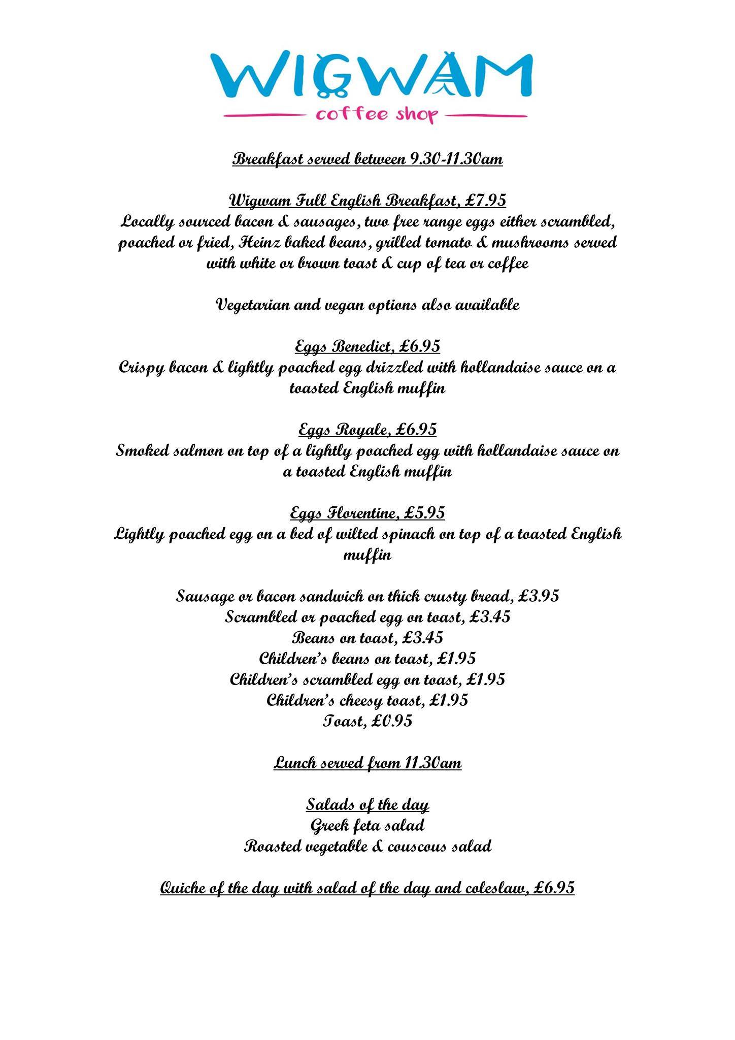 Menu at Wigwam Coffee Shop cafe, Liverpool
