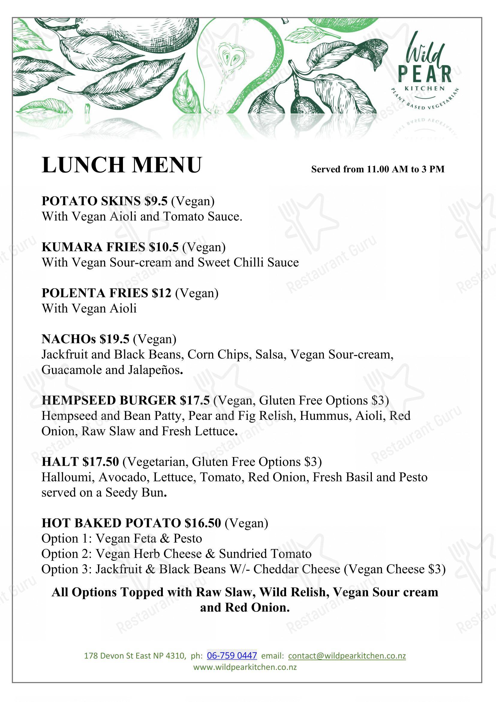 Menu at Wild Pear Kitchen cafe, New Plymouth