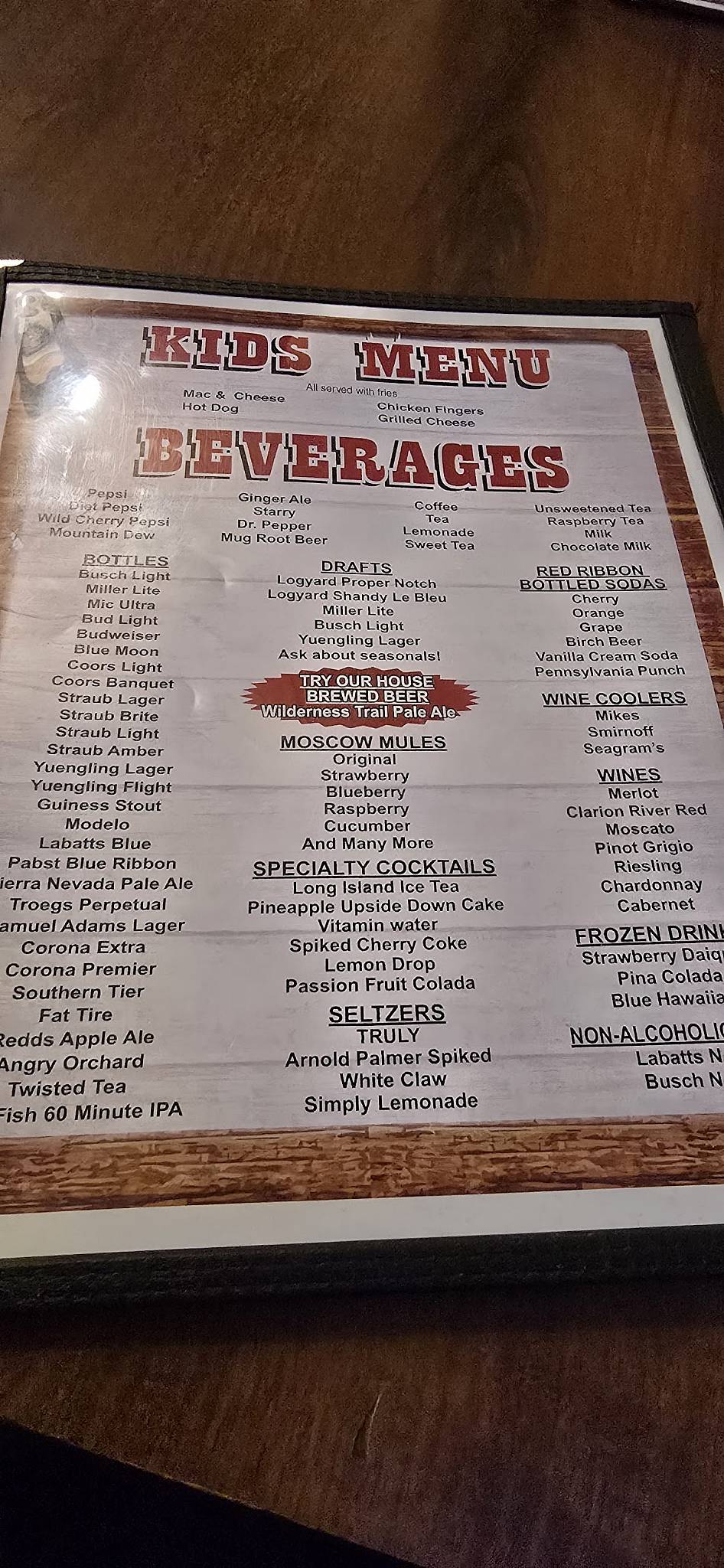 Menu at Wilderness Trail pub & bar, Ridgway