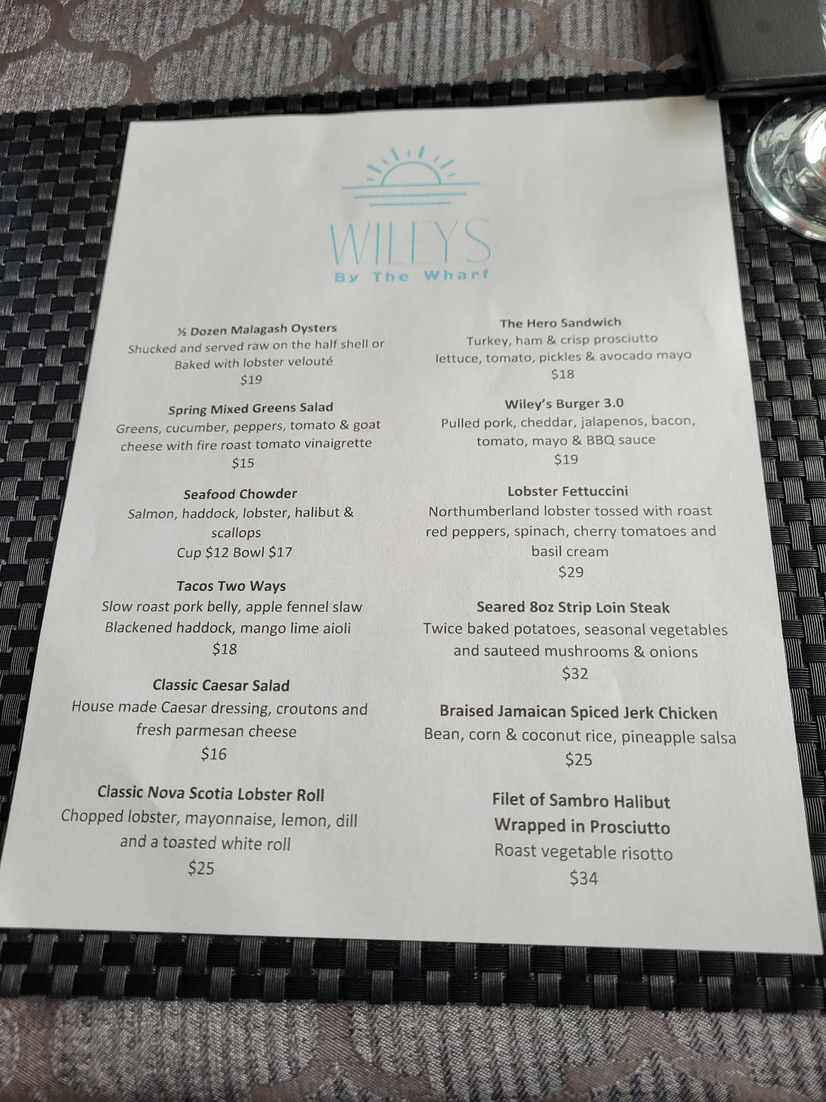 Menu at Wiley's by the Wharf restaurant, Wallace