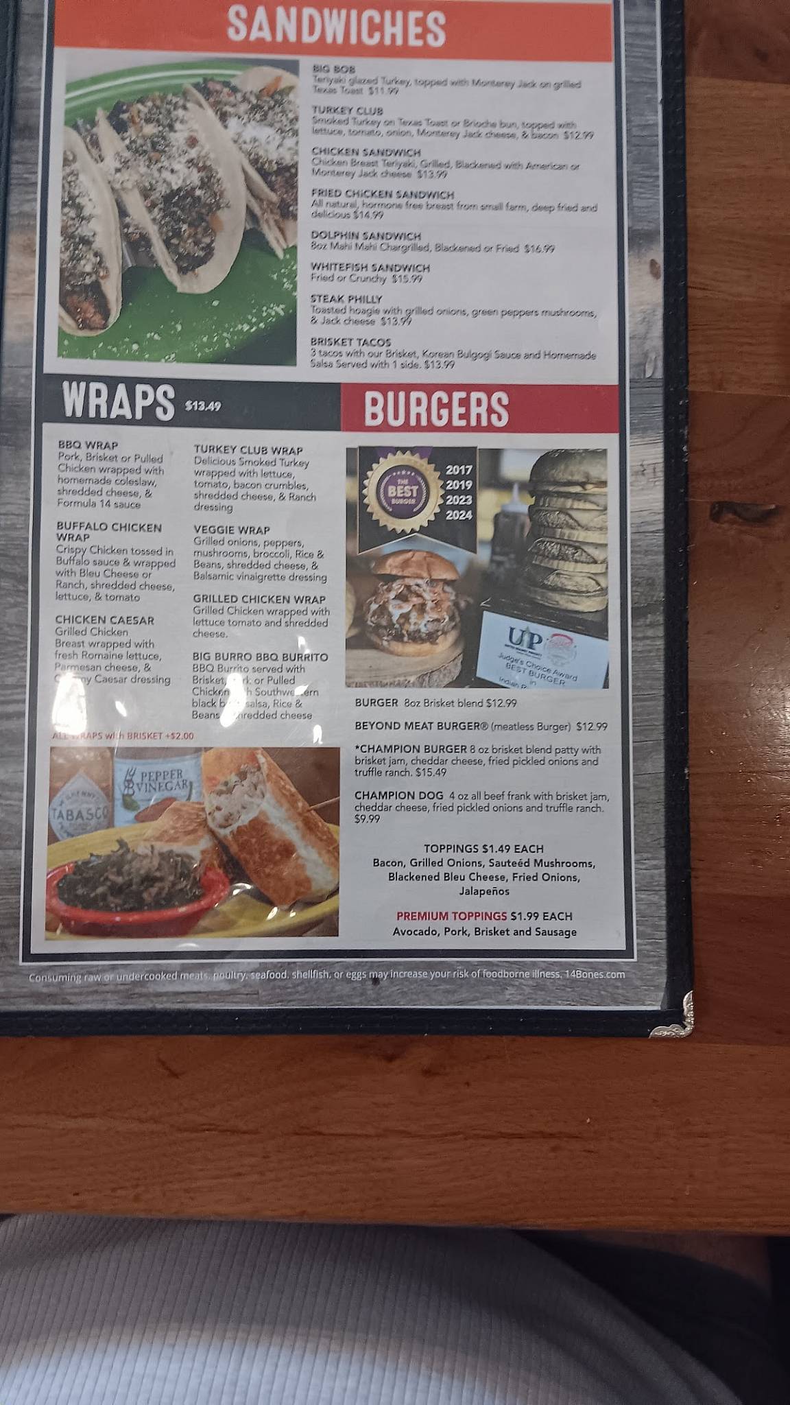 Menu at Wilke's 14 Bones BBQ, Vero Beach