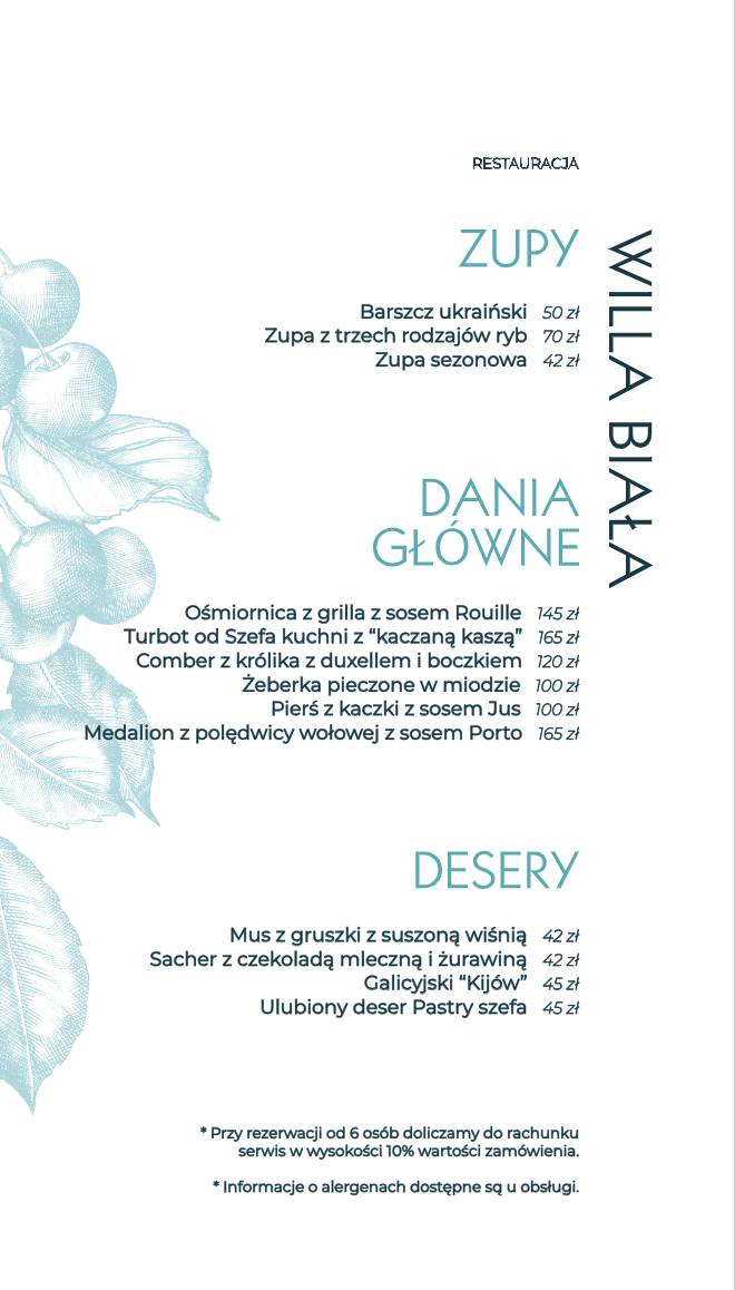 Carta del restaurante Willa Biała, Varsovia