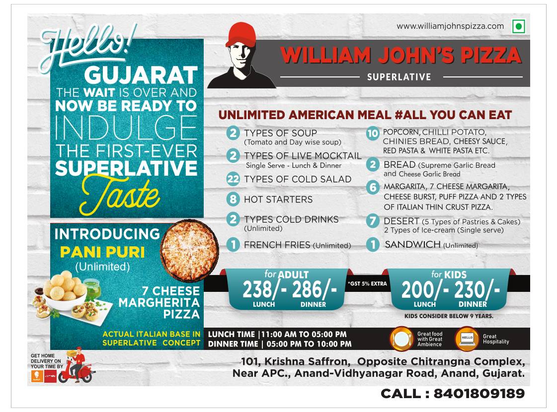 Menu at William John's Pizza Superlative Anand, Anand