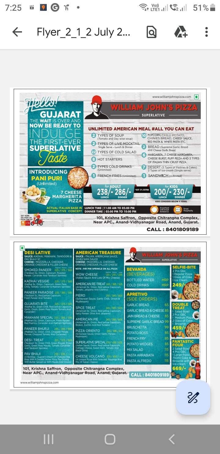 Menu at William John's Pizza Superlative Anand, Anand