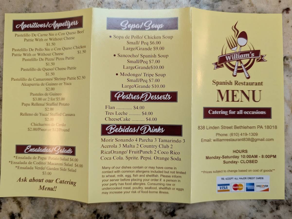 Menu at Williams Spanish Restaurant, Bethlehem, 838 Linden St