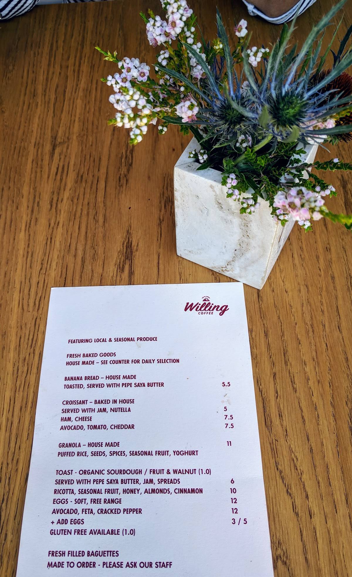 Menu at Willing Coffee Guildford cafe, Guildford